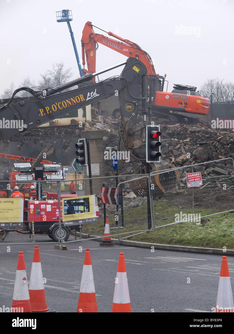 Demolishing a bridge at Mumps Roundabout, Oldham, Lancashire, England ...