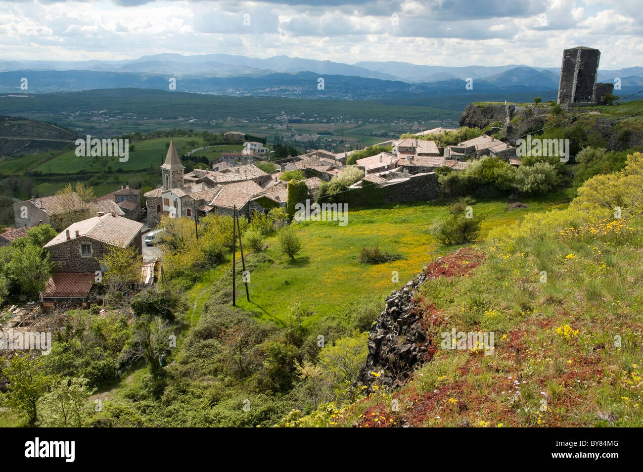 Ruins of a donjon tower above the village of Mirabel, Ardèche, France ...