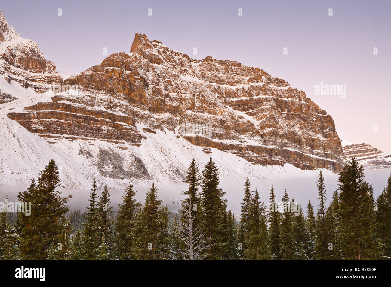 Mount Crowfoot and the Crowfoot Glacier near Bow Lake in the snow ...