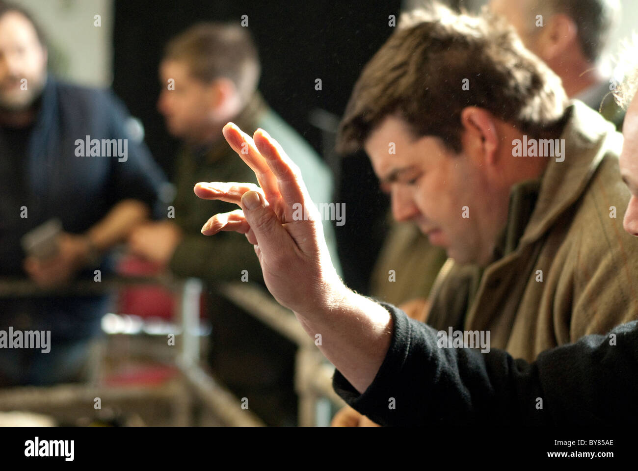 Farmer making a bid with his hand at livestock auction at livestock ...