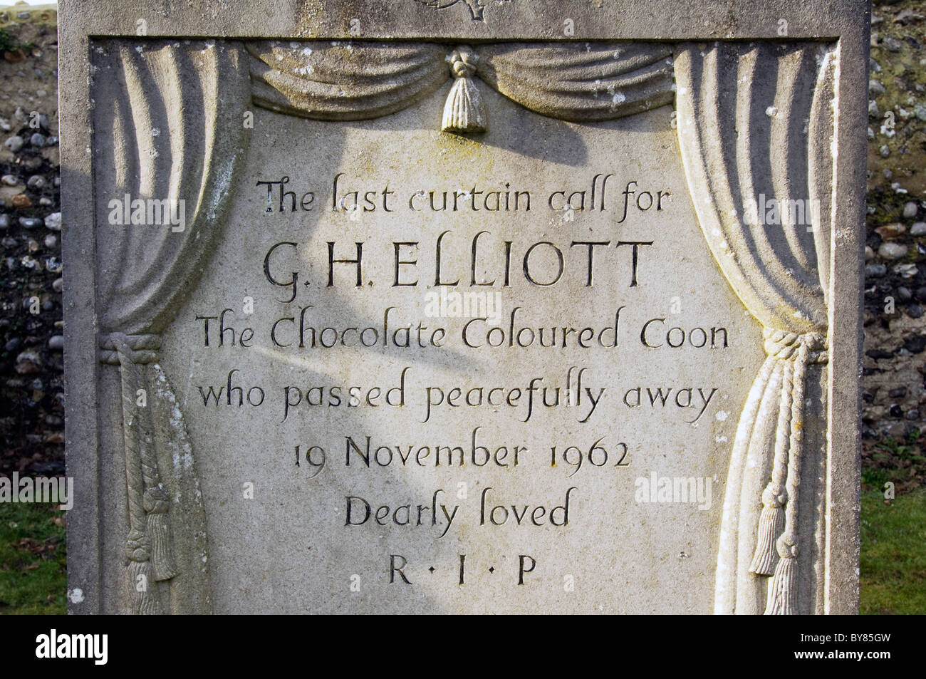 The carved headstone of the grave of Music Hall star G.H. Elliott, "The ...