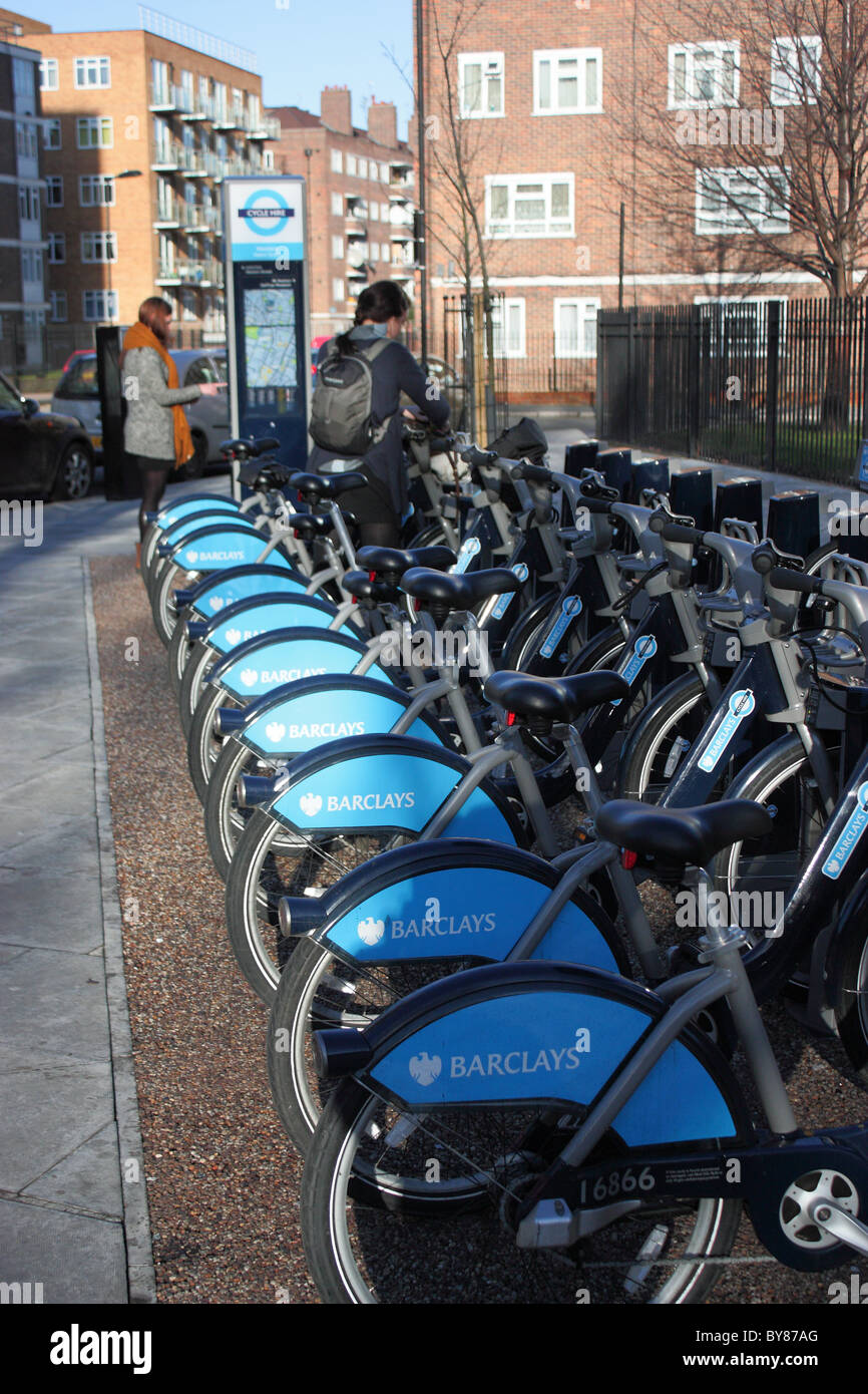 Barclays Cycle Hire docking station in Hackney, East London Stock Photo ...