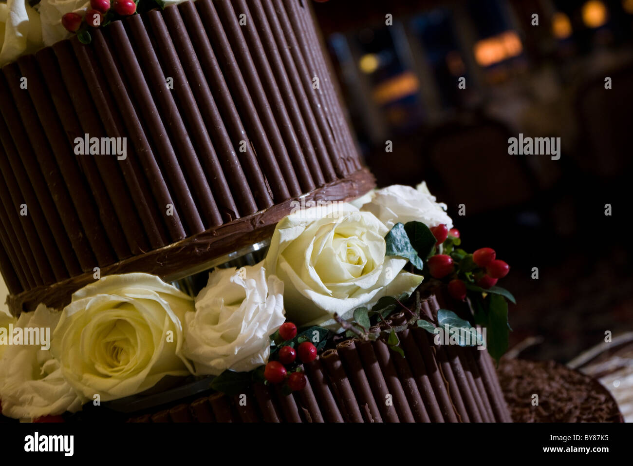 A three tiered chocolate wedding cake Stock Photo - Alamy