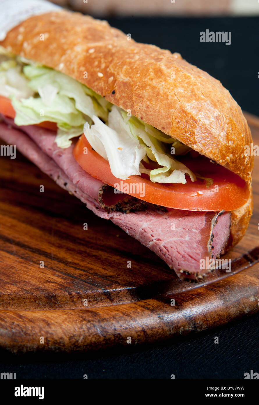Cold meat sandwich (brisket) on a wooden plater Stock Photo - Alamy