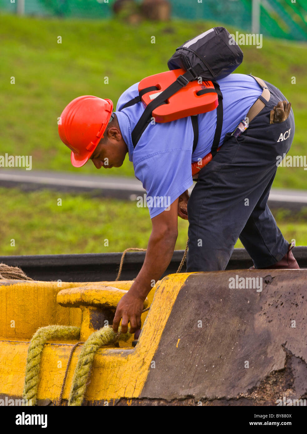 PANAMA - Worker with line at Miraflores Locks on Panama Canal Stock ...