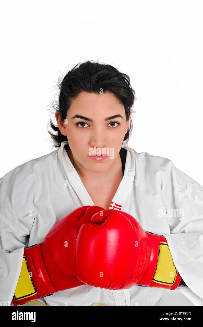 Aggressive female boxer On white Background Stock Photo - Alamy