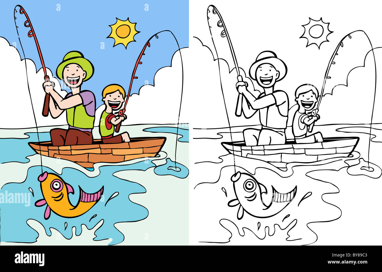 Cartoon image of father and son fishing together - color and black ...