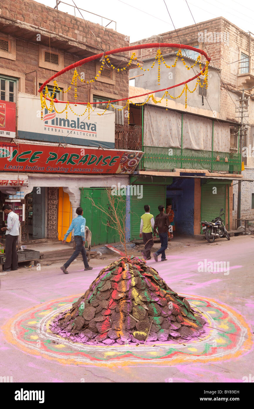 India, Rajasthan, Jodhpur, cow dung piled into a mound ready to be lit ...