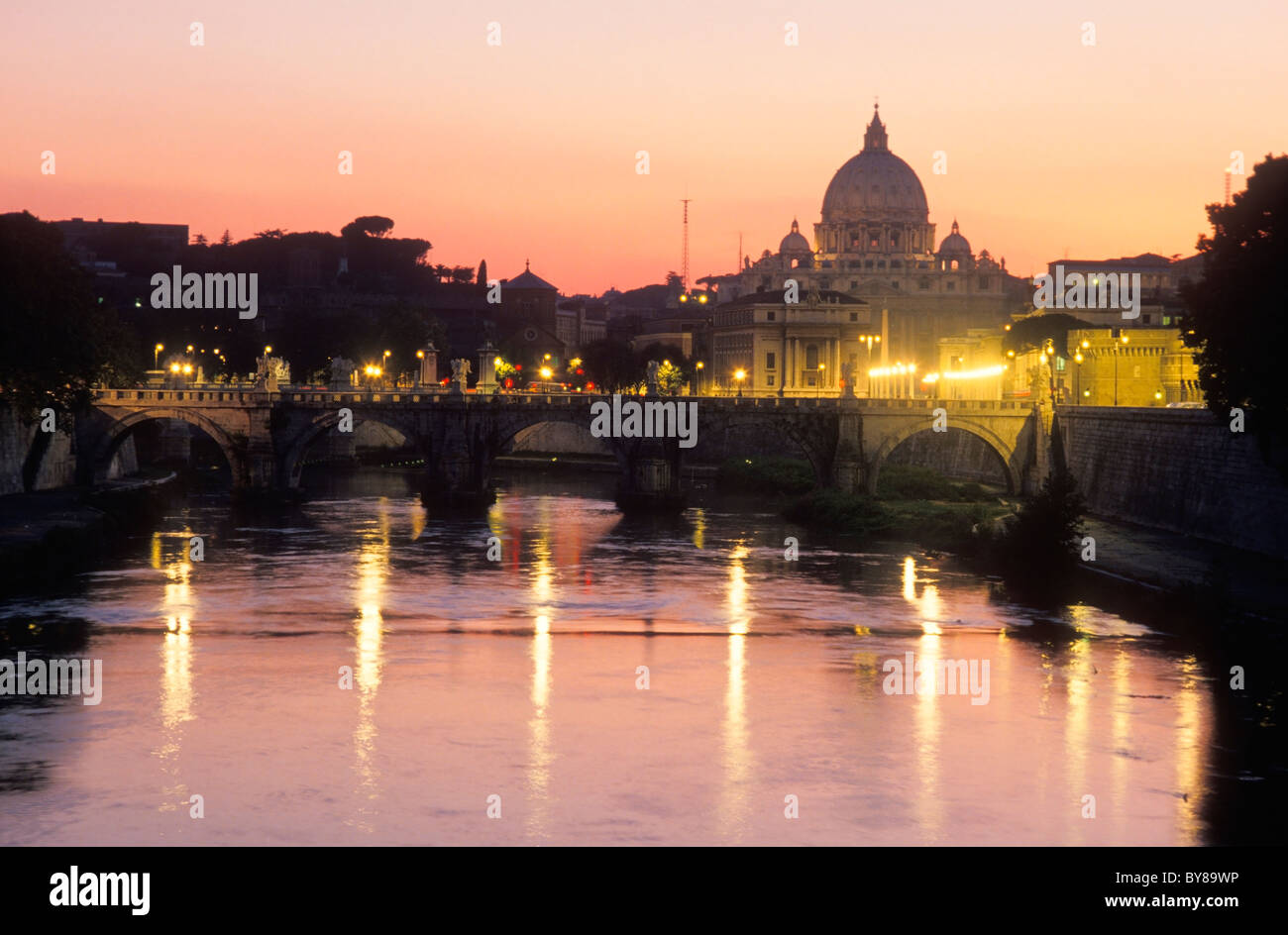 ANGEL BRIDGE AT NIGHT, TIBER RIVER, ST. PETER ' S BASILICA, ROME, ITALY ...