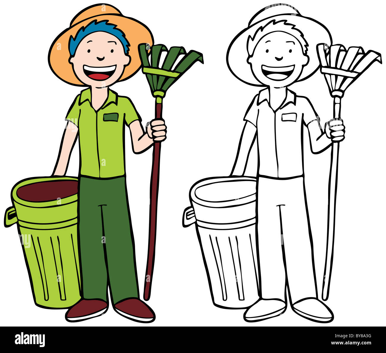 Cartoon image of man doing yard work - color and black/white versions ...