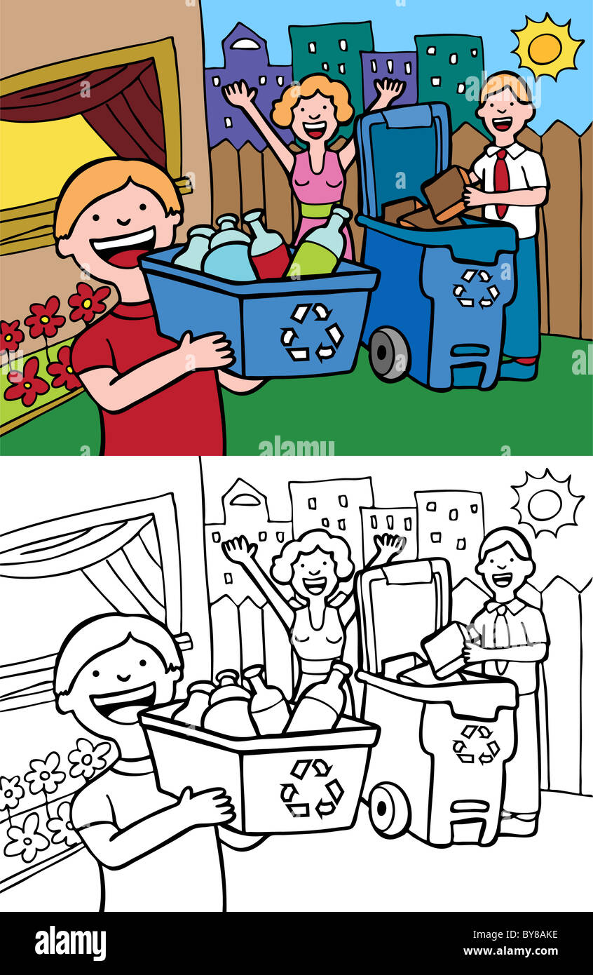 Cartoon image of a family having fun recycling at home - both color and ...