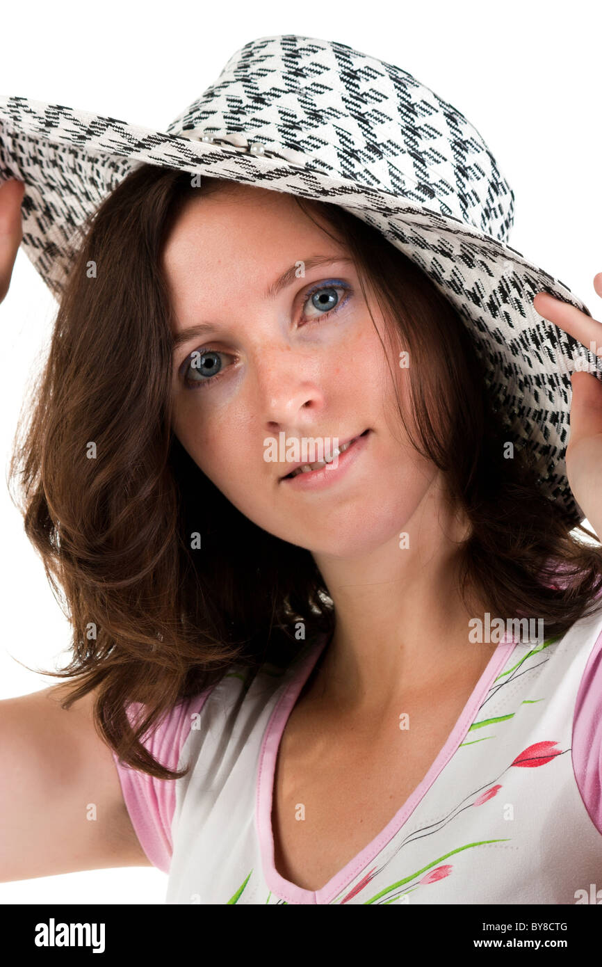 Beautiful woman portrait in a hat isolated on white Stock Photo - Alamy