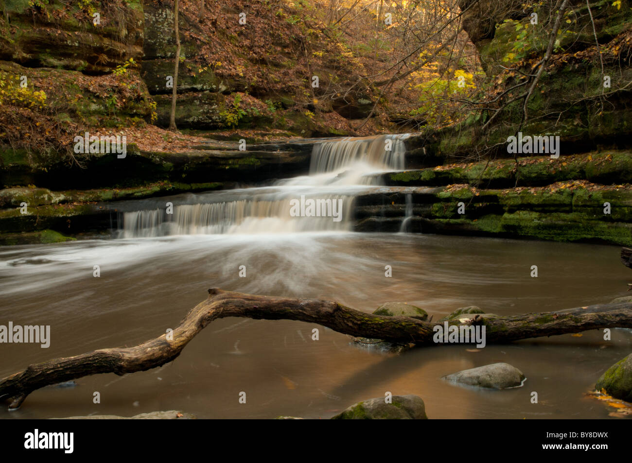 A waterfall roars over two small rock cliffs and into a pool of water ...
