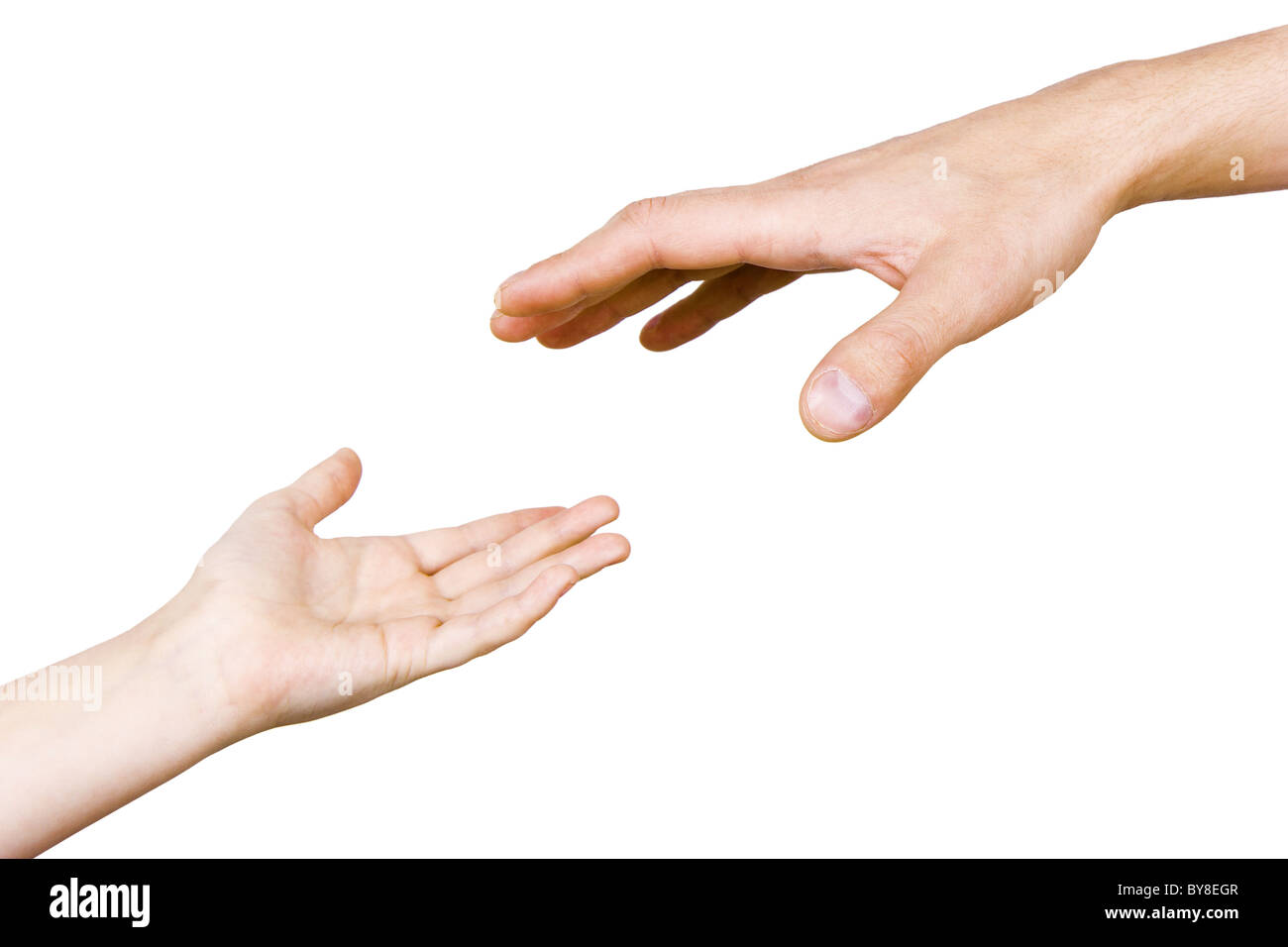 child's hand reaches for the male hand on a white background Stock ...