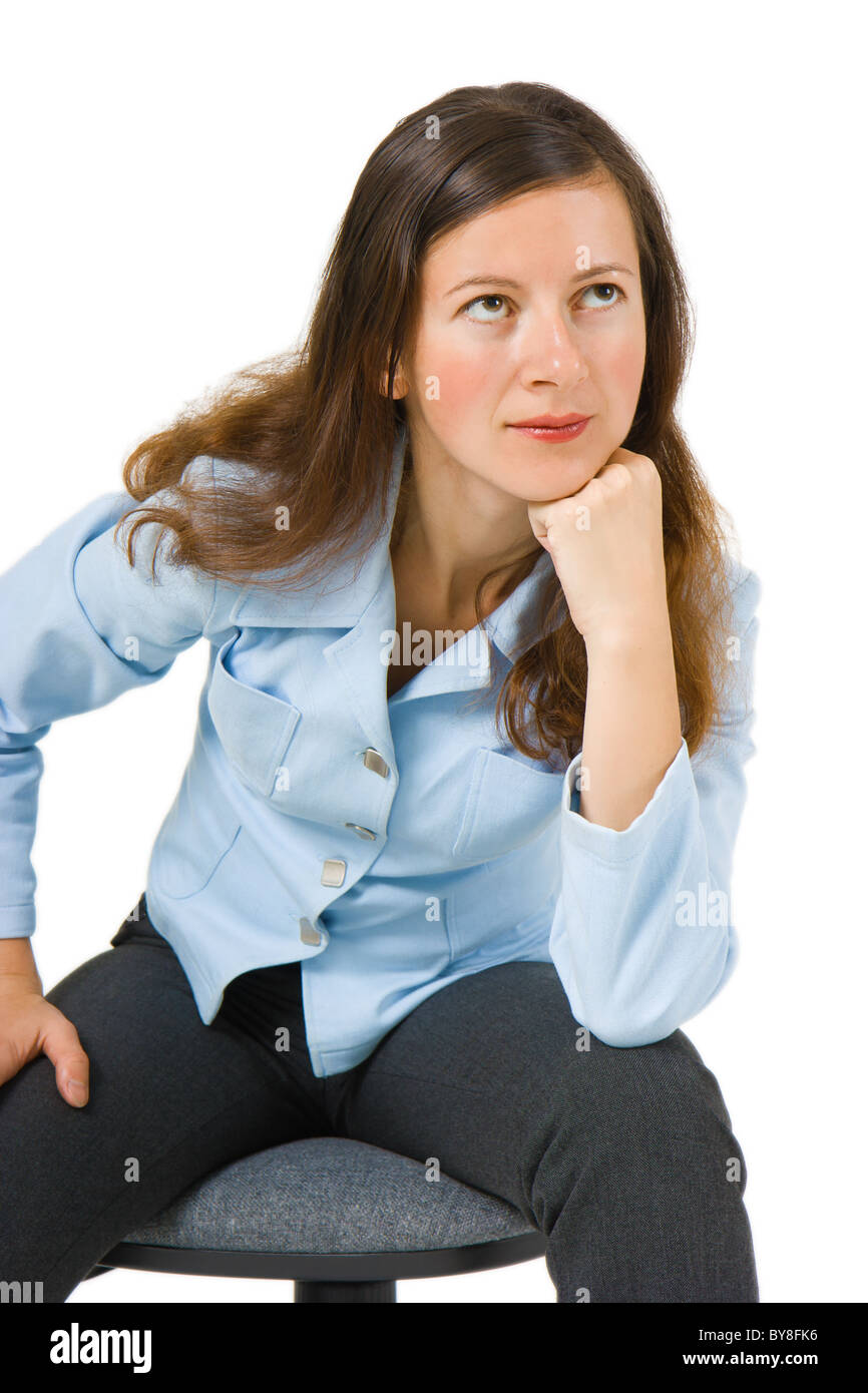 business woman thinking while sitting in a chair on the isolated ...