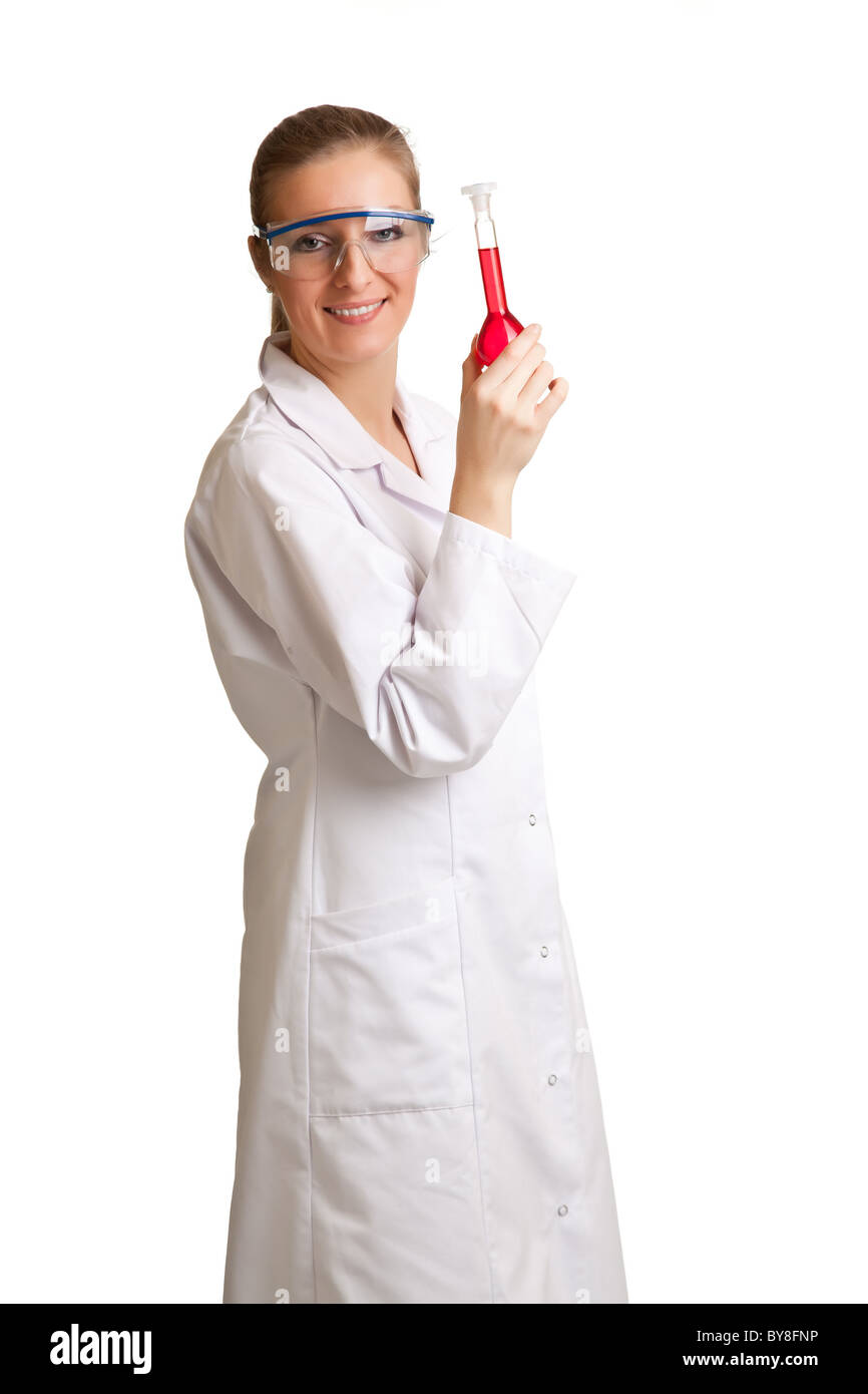 Isolated scientist woman in lab coat with chemical glassware Stock ...