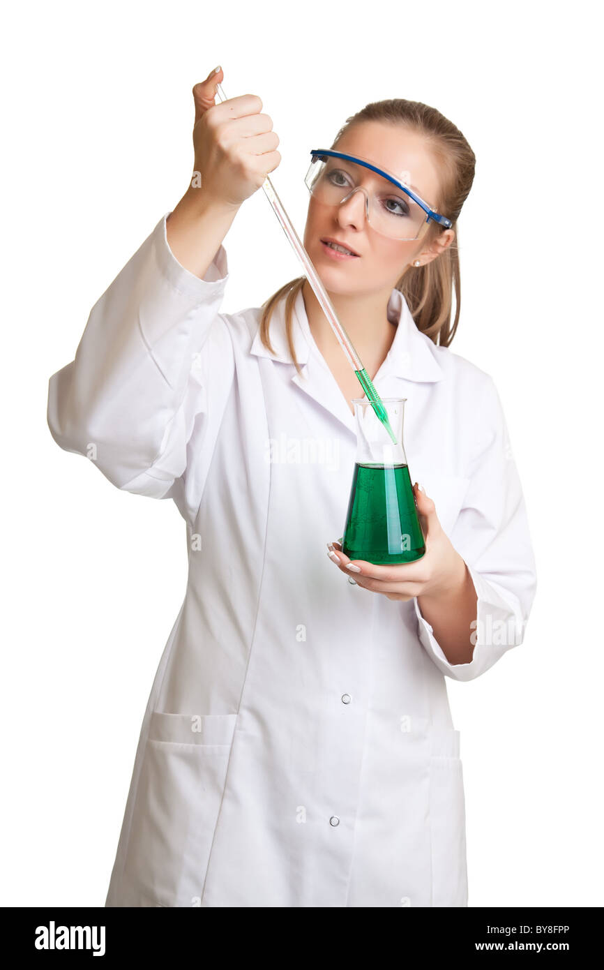 Isolated scientist woman in lab coat with chemical glassware Stock ...