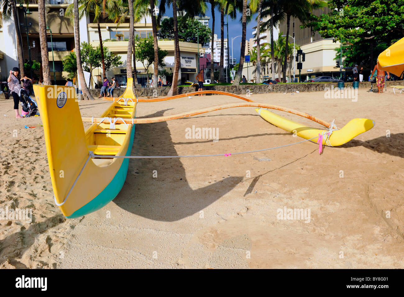 Canoe with outrigger on Waikiki Beach Honolulu Hawaii Oahu Pacific ...