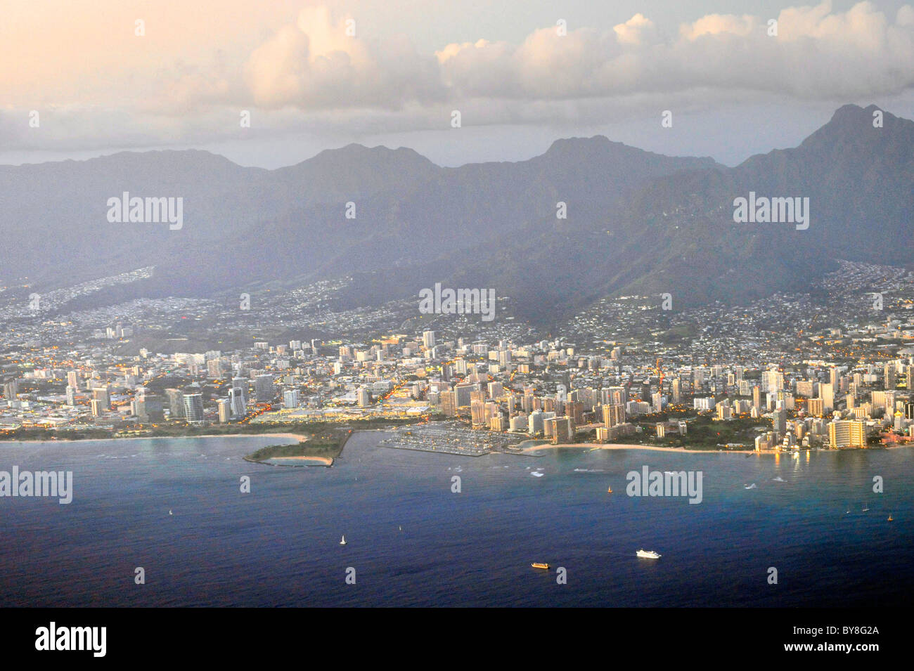 Aerial views of Honolulu Hawaii and Waikiki Beach Oahu Pacific Ocean ...