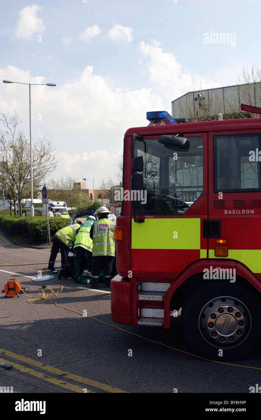 Fire engine at scene of car crash in Essex Stock Photo - Alamy