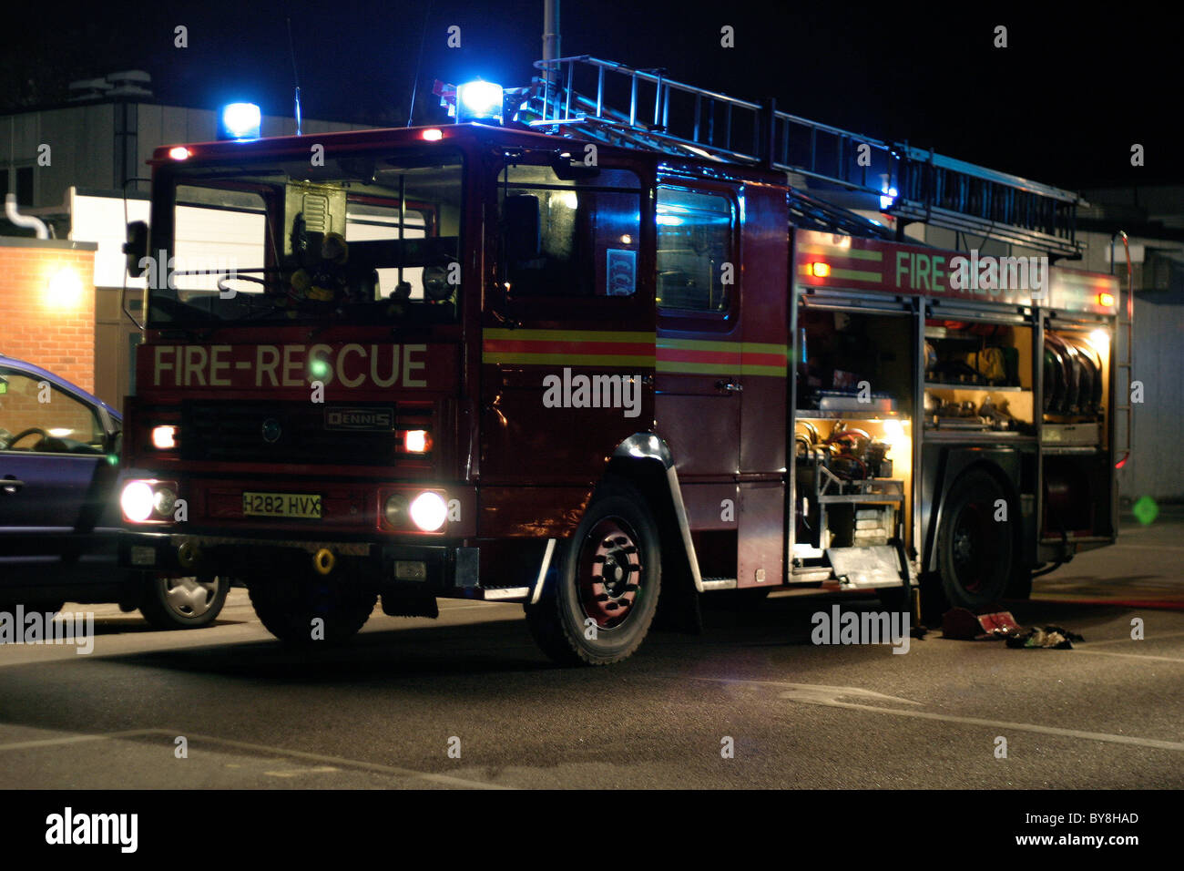 Dennis fire engine at night Stock Photo - Alamy