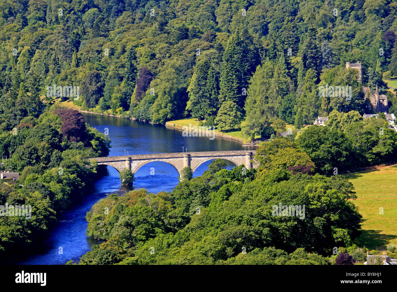 UK Scotland Tayside Perthshire River Tay at Dunkeld Telford Bridge and ...