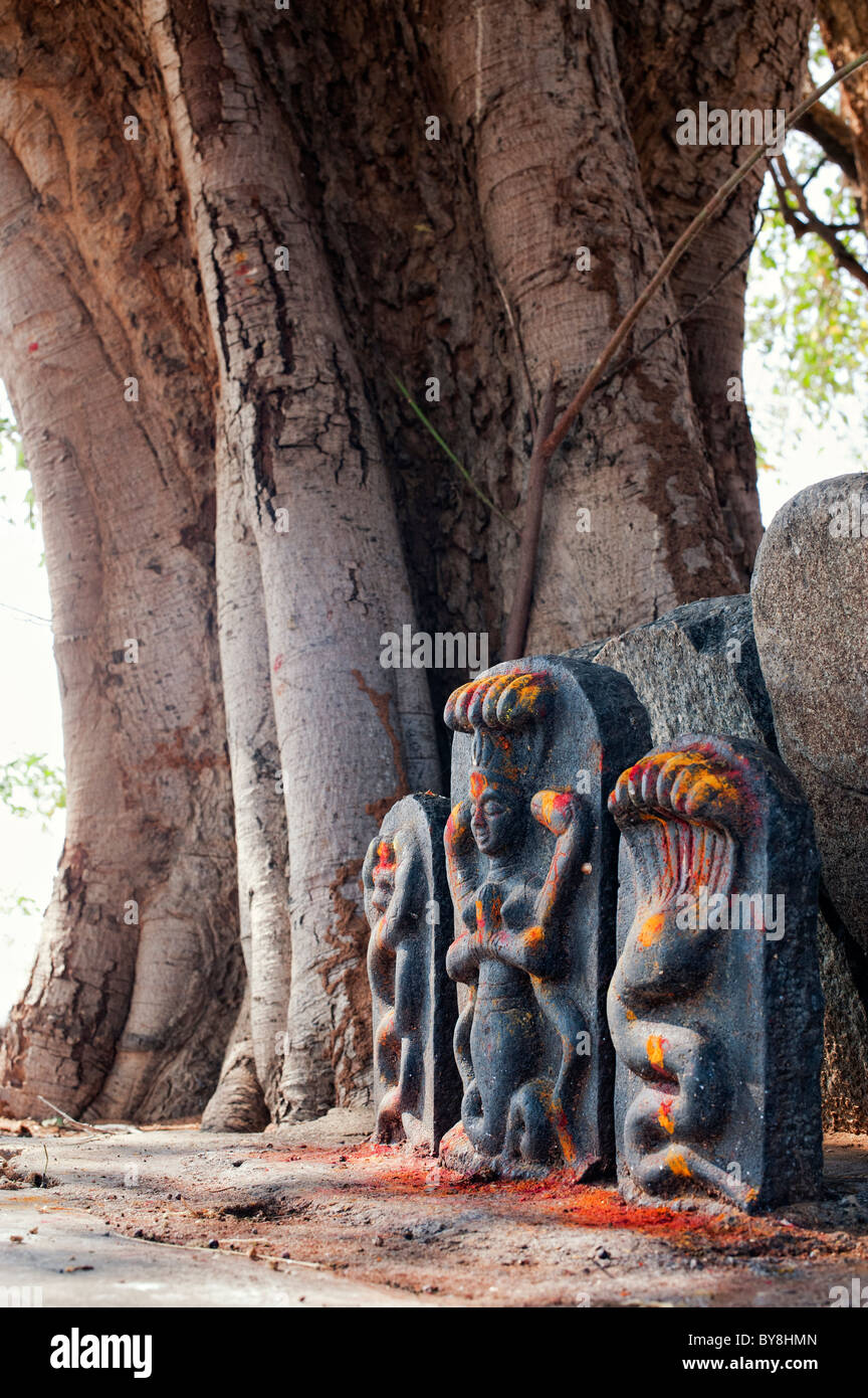 Hindu altar stones at a village temple depicting Indian vishnu deity in ...