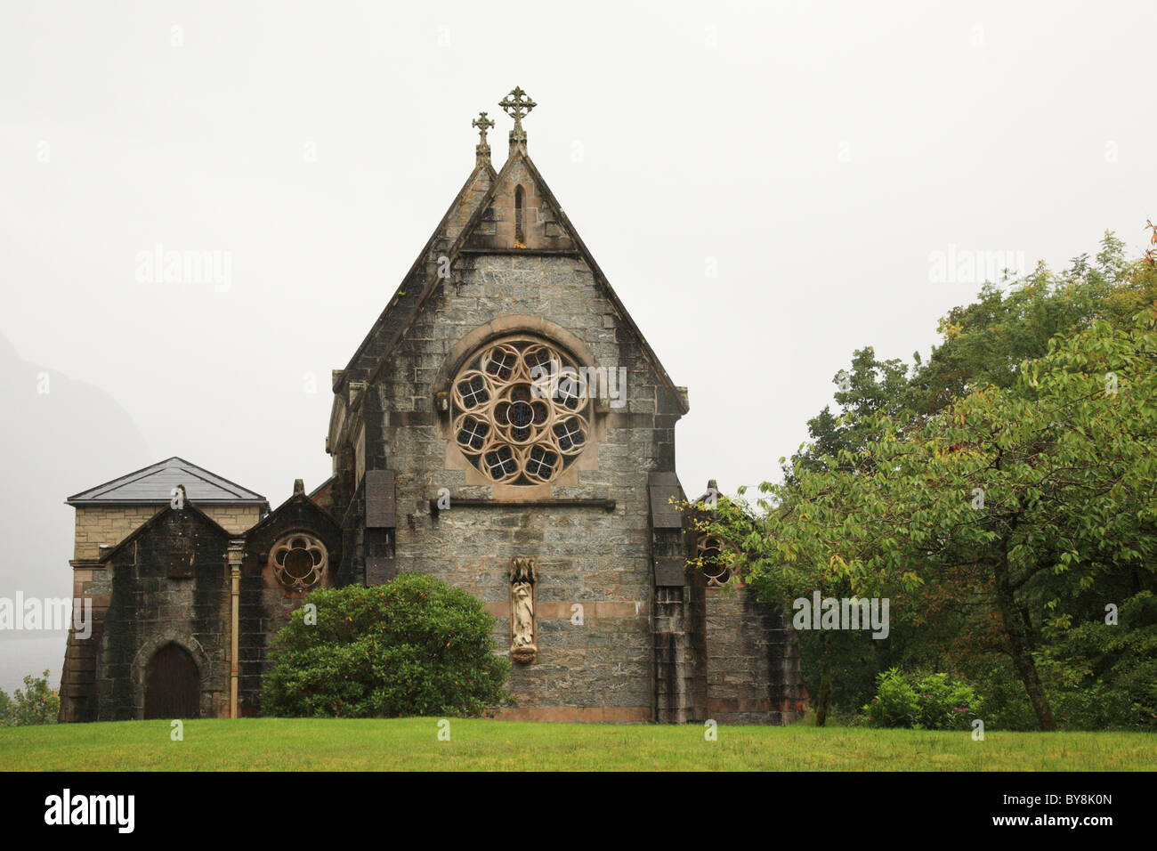 Gothic church Scotland with misty mountains in the background Stock ...