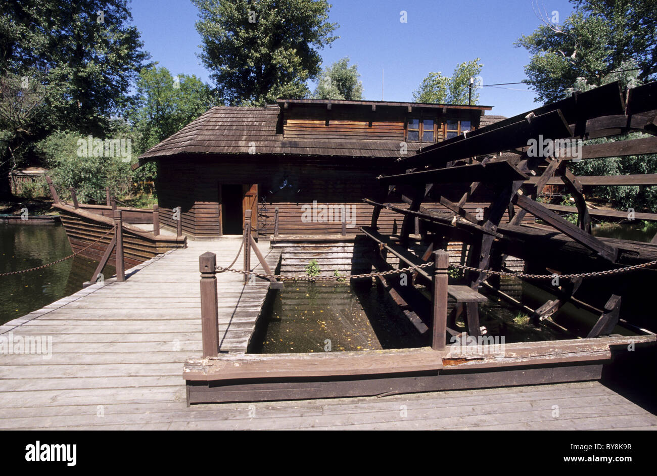Old wooden flour mill floating on the river Maly Dunaj in Kolarovo ...
