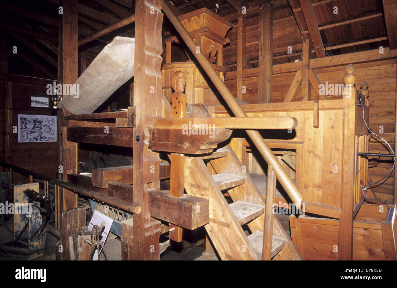 Interior of old wooden flour mill floating on the river Maly Dunaj in ...