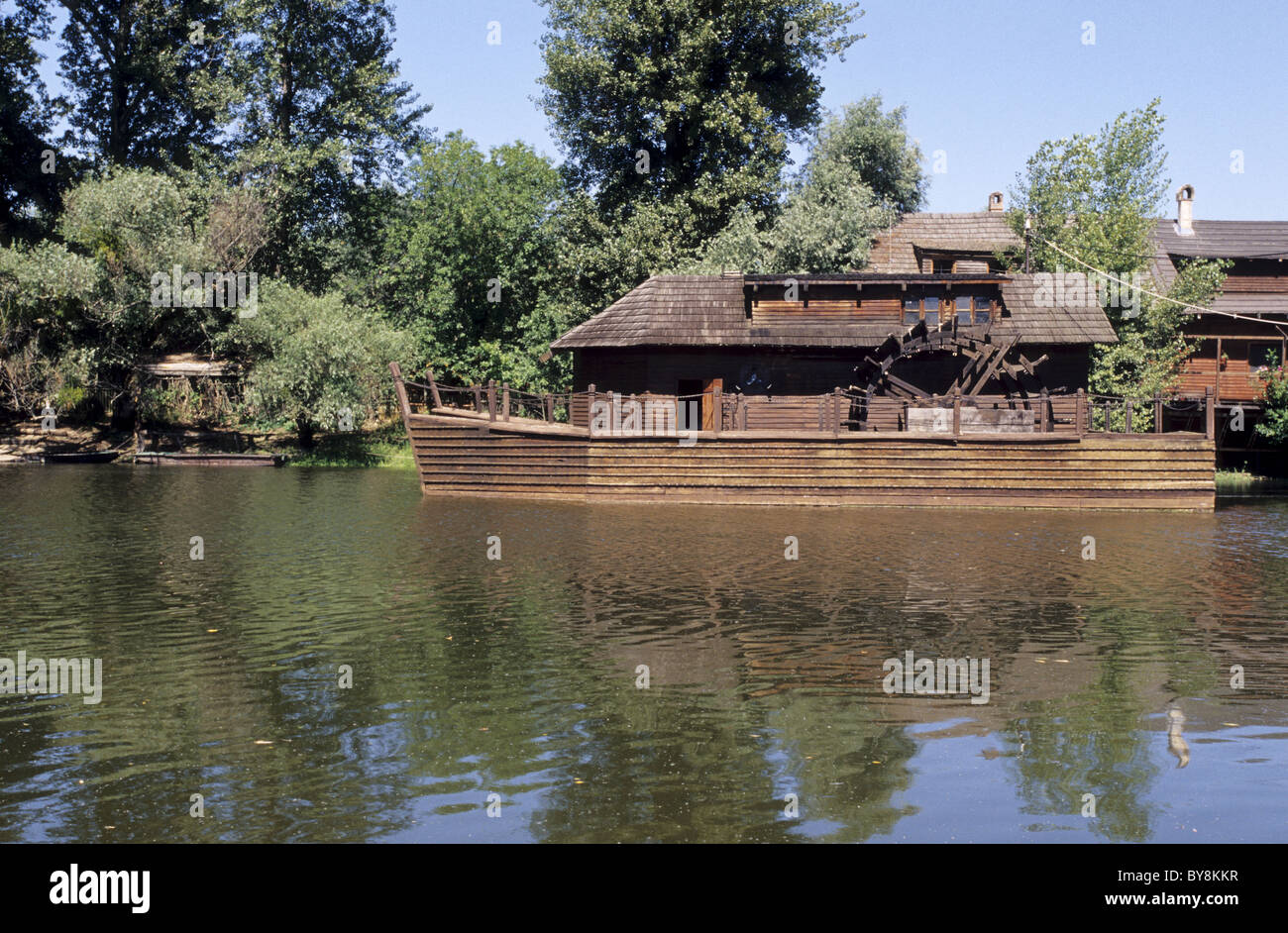 Old wooden flour mill floating on the river Maly Dunaj in Kolarovo ...