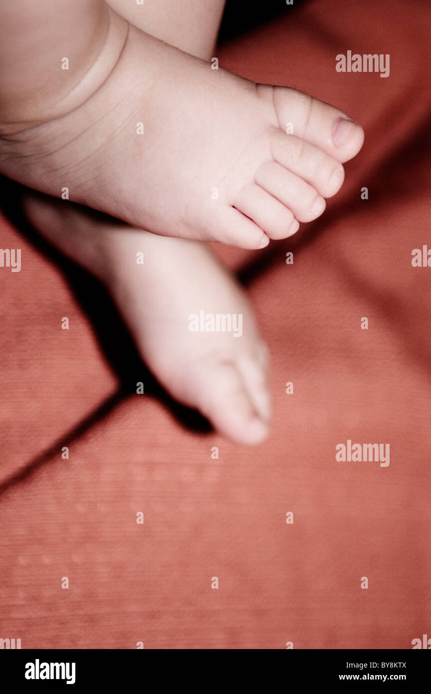 detail of the feet of a newborn, with a red background, and playing ...