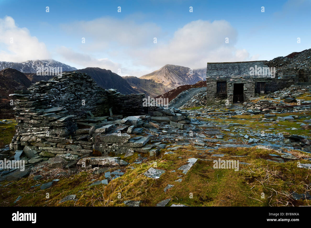 Part of the old Honister slate mine on Fleetwith Moor above Buttermere ...