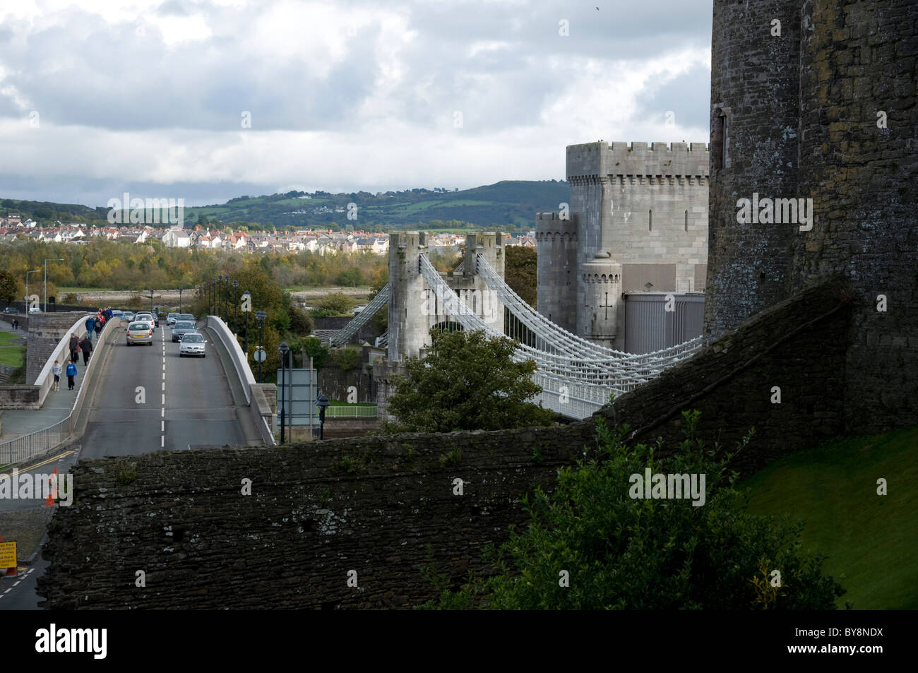 Part of the suspension bridge and causeway from Conwy Castle, North ...