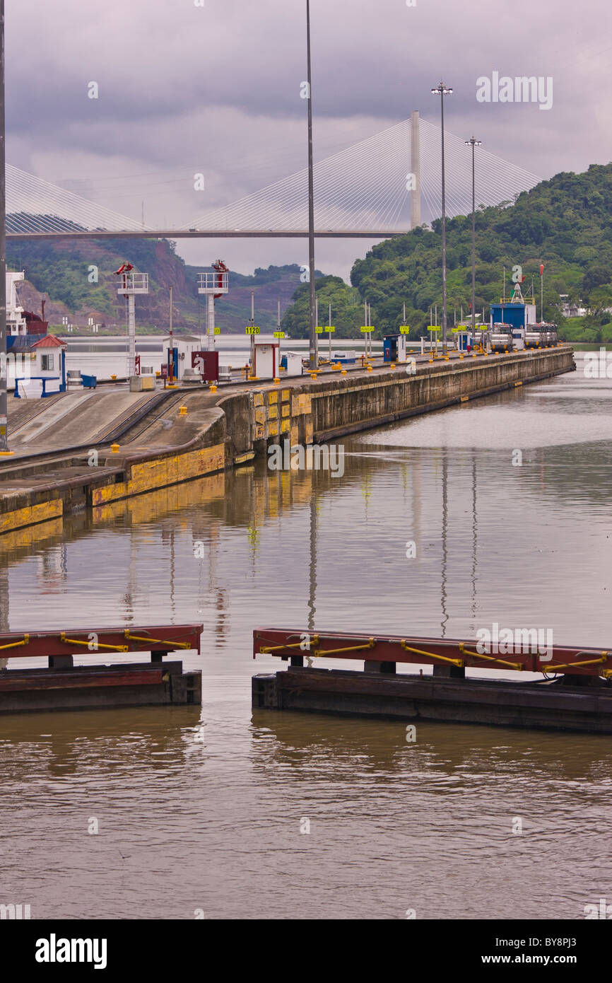 PANAMA - Lock doors opening at Pedro Miguel locks on the Panama Canal ...