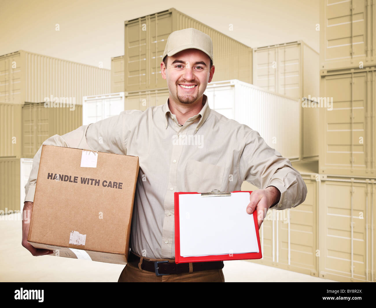 delivery man at work and 3d container sepia background Stock Photo - Alamy