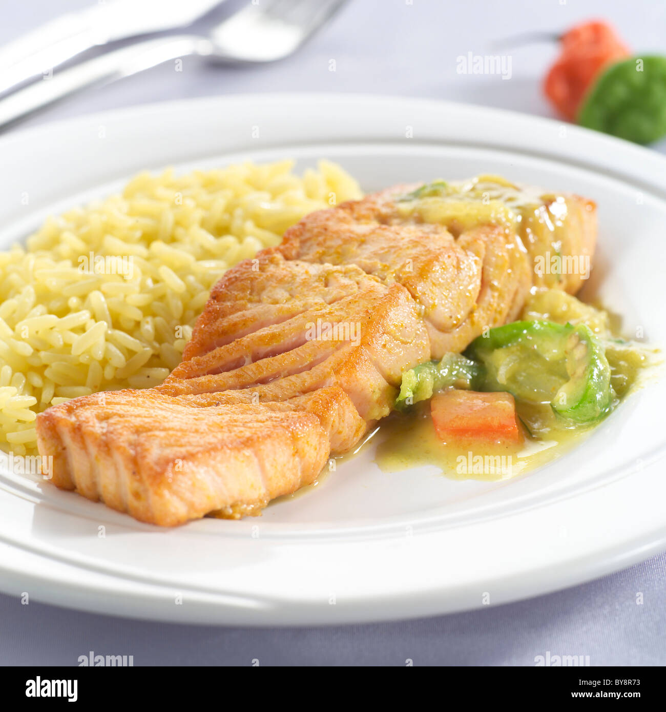 Plate salmon fillet rice hi-res stock photography and images - Alamy