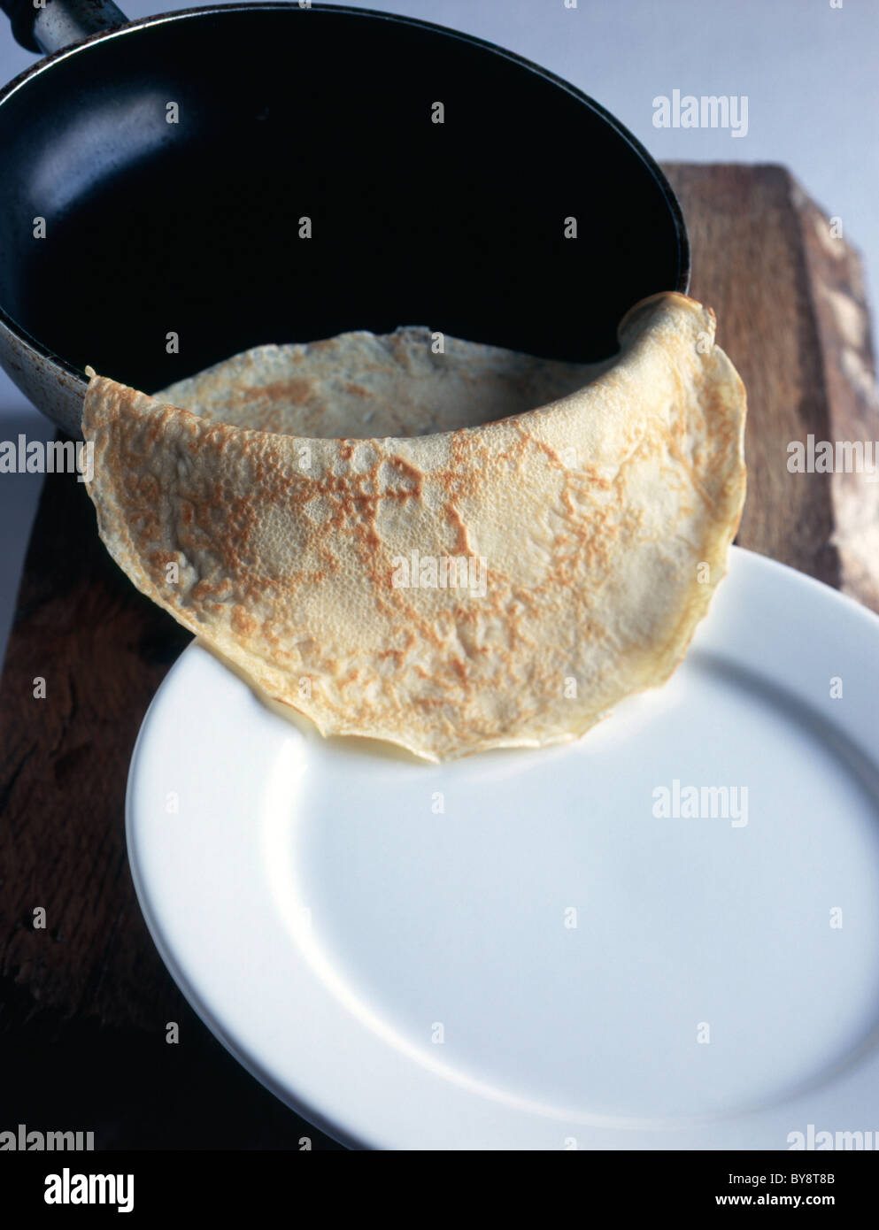 Pancake with pan and plate Stock Photo - Alamy