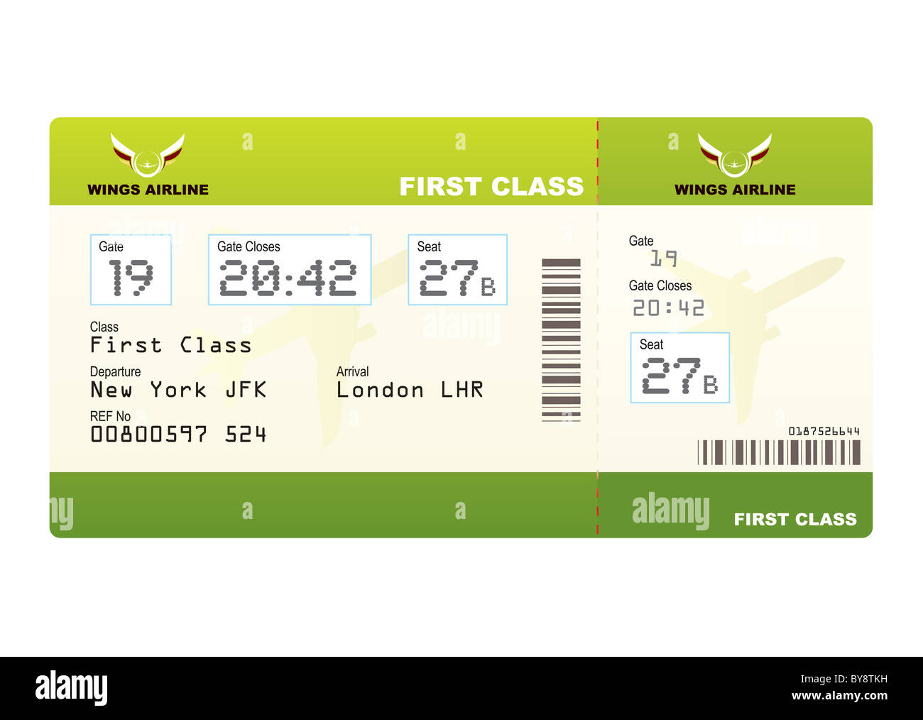 Plane ticket first class green travel with stub and gate number Stock ...