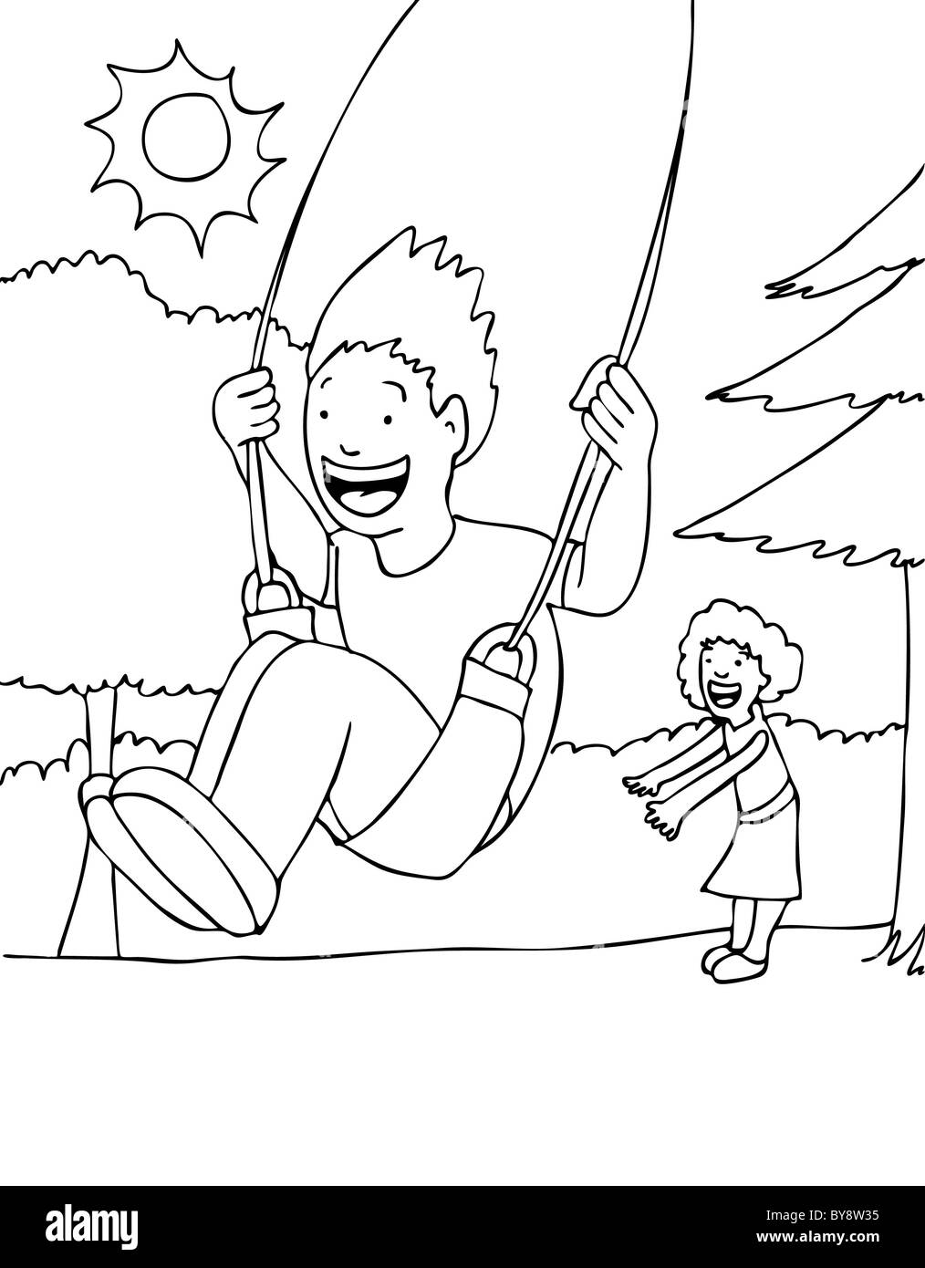 Girl pushes boy on swinging set - black and white Stock Photo - Alamy