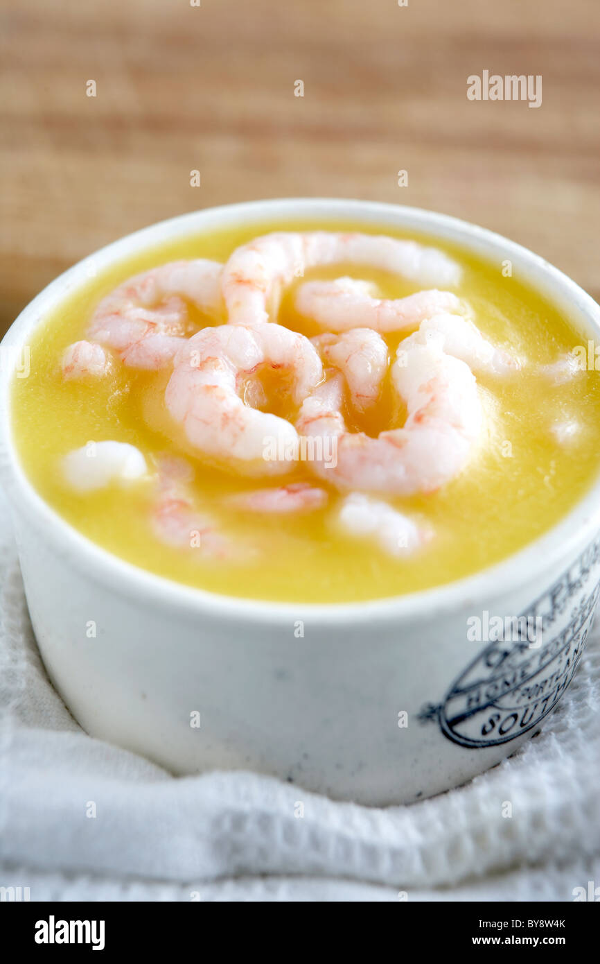 Potted prawns in white container on white folded tea towl Stock Photo ...
