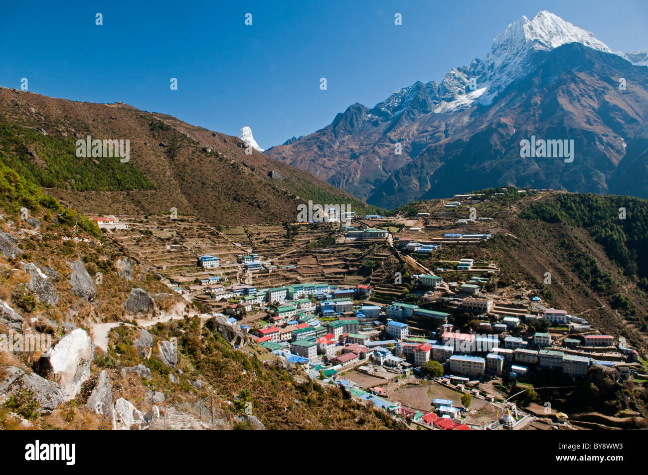 view of Namche Bazaar in the Everest Region of Nepal Stock Photo - Alamy