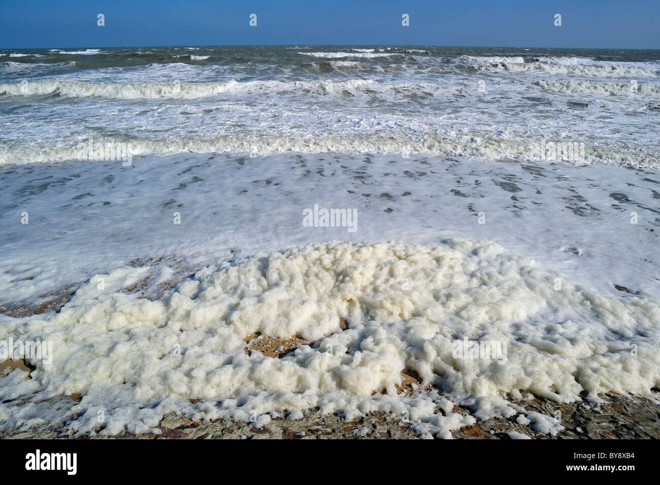 Sea foam / ocean foam / beach foam formed during stormy conditions and ...