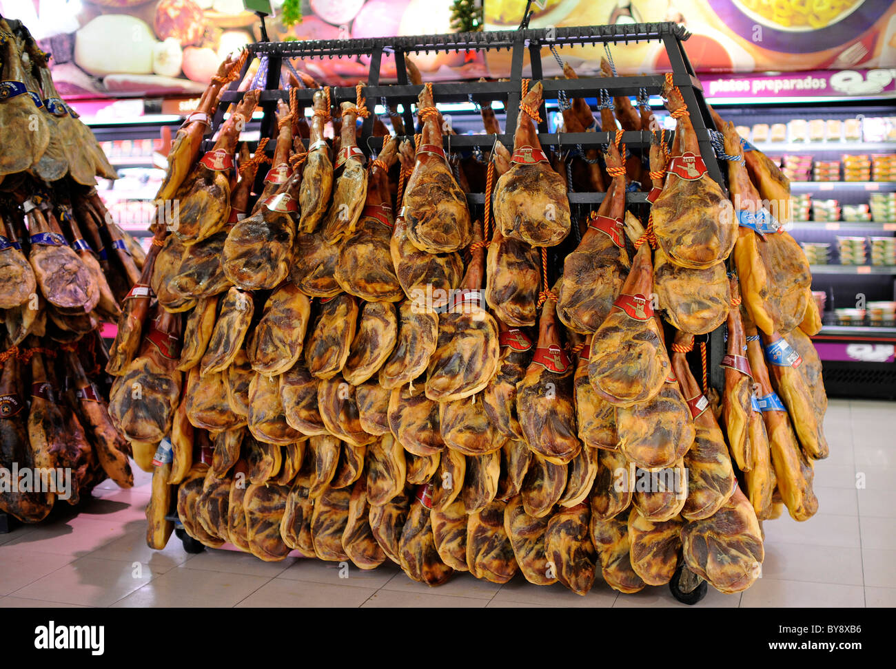 Spanish ham is pictured at a booth in a supermarket in Jerez de la ...