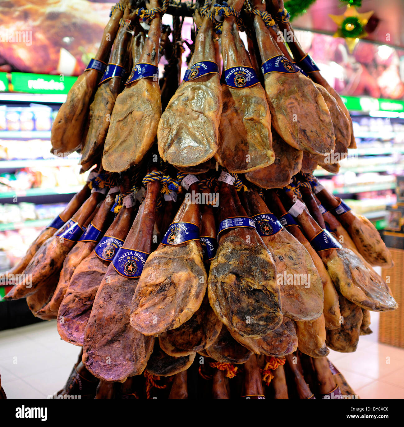 Spanish ham is pictured at a booth in a supermarket in Jerez de la ...