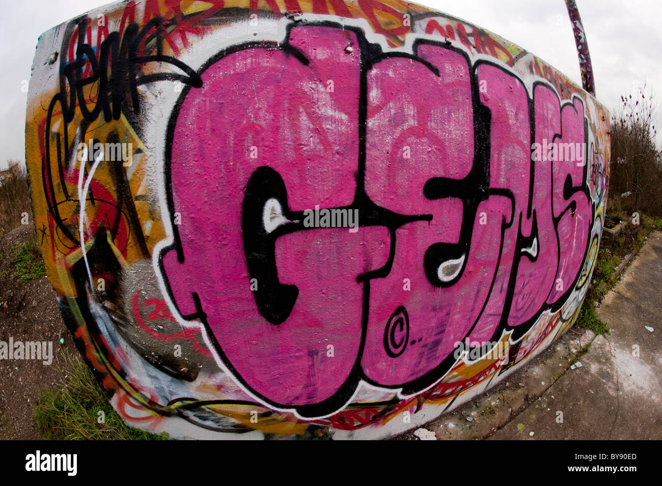 fisheye picture of graffiti wall Stock Photo - Alamy
