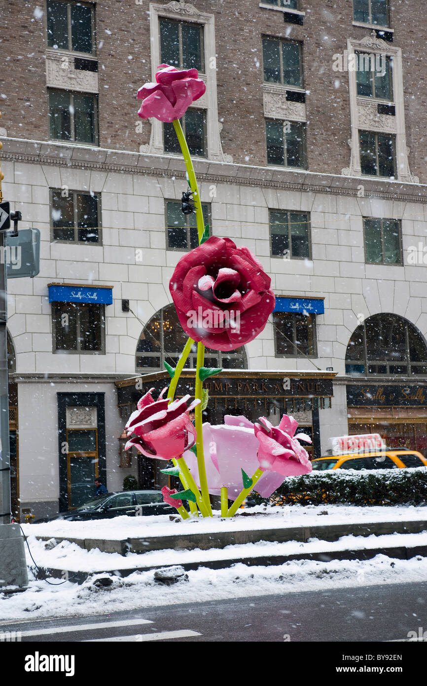 "Roses" by the artist Will Ryman is seen on a snowy Tuesday, January 25 ...