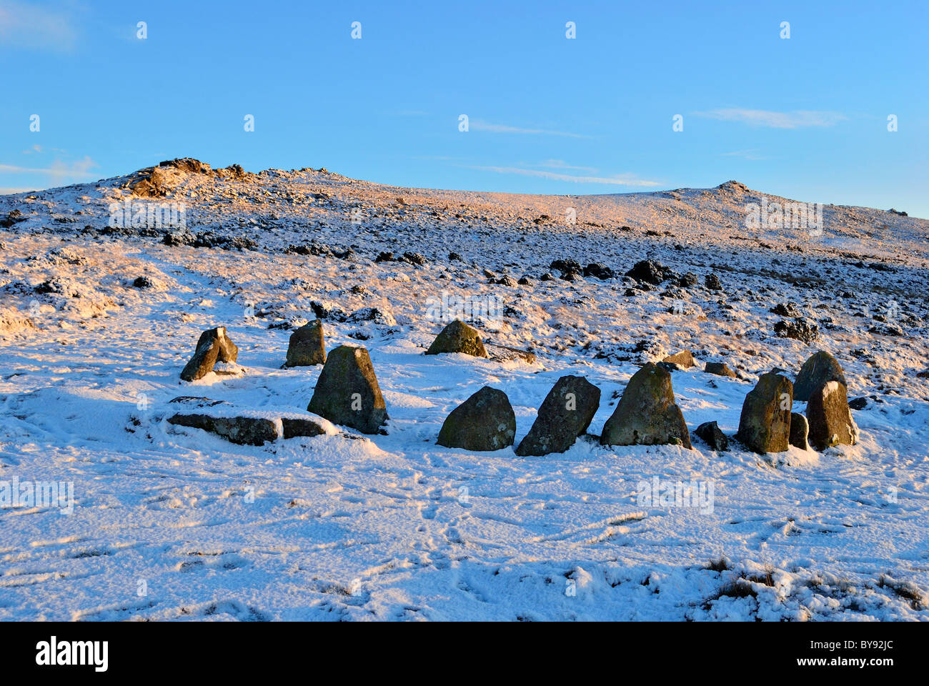Nine Maidens Stone Circle, Dartmoor in the snow at sunset Stock Photo ...