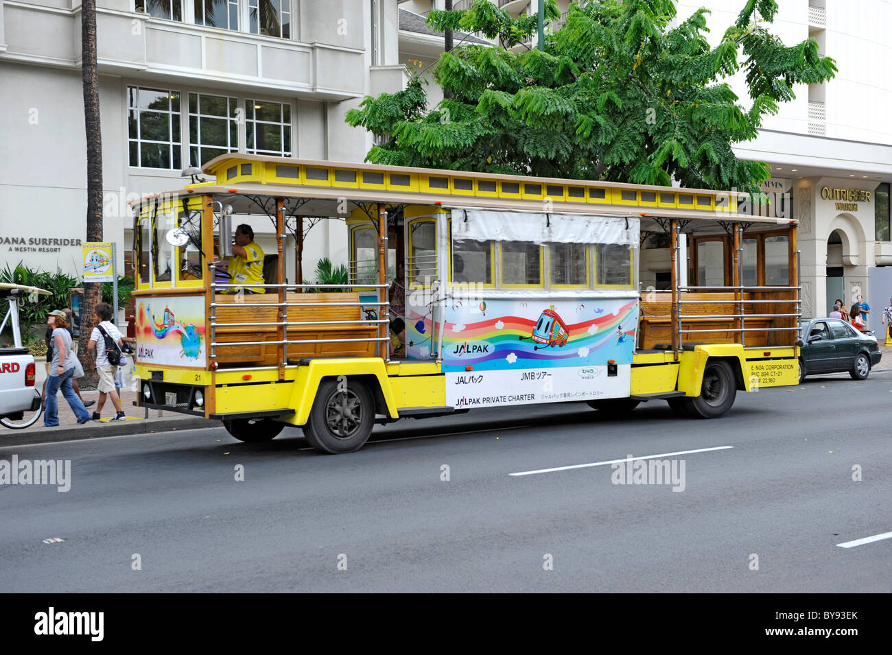 Trolley on Kalakaua Ave along Waikiki Beach Honolulu Hawaii Stock Photo ...