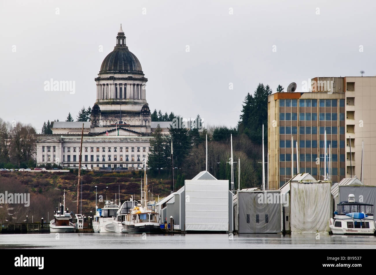 View of Budd Bay and Olympia's Capitol building during a king tide ...